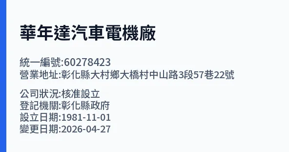 華年達汽車電機廠的照片-統編 60278423(彰化縣) 公司登記資料與營業項目詳細圖表