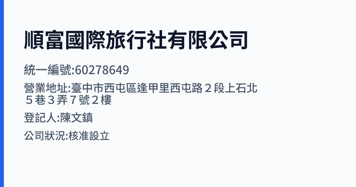 順富國際旅行社有限公司 - 統編 60278649(臺中市) 公司登記資料與營業項目詳細圖表