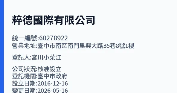 粹德國際有限公司的照片-統編 60278922(臺中市) 公司登記資料與營業項目詳細圖表
