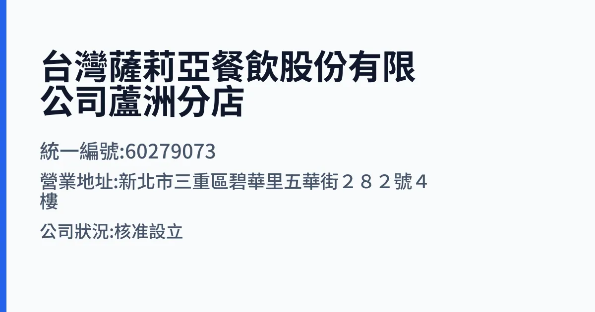 台灣薩莉亞餐飲股份有限公司蘆洲分店 - 統編 60279073(新北市) 公司登記資料與營業項目詳細圖表