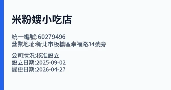 米粉嫂小吃店的照片-統編 60279496(新北市) 公司登記資料與營業項目詳細圖表