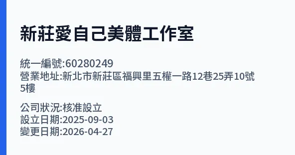 新莊愛自己美體工作室的照片-統編 60280249(新北市) 公司登記資料與營業項目詳細圖表