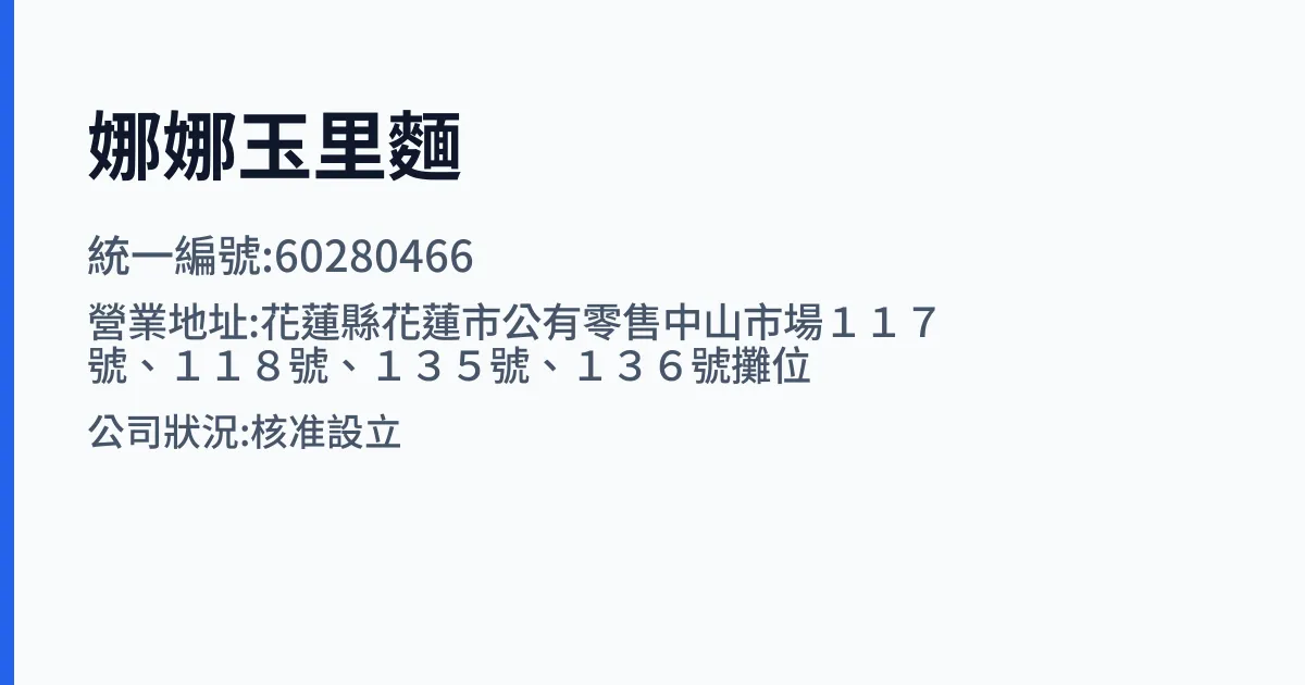 娜娜玉里麵 - 統編 60280466(花蓮縣) 公司登記資料與營業項目詳細圖表