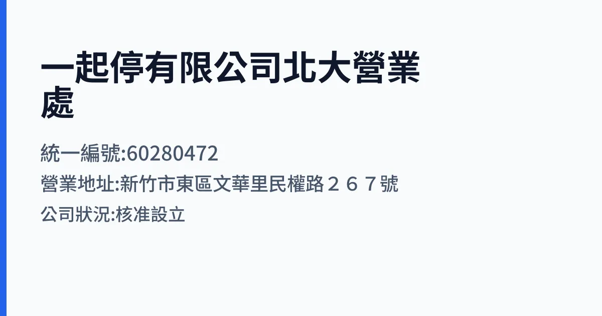 一起停有限公司北大營業處 - 統編 60280472（新竹市） 公司登記資料與營業項目詳細圖表