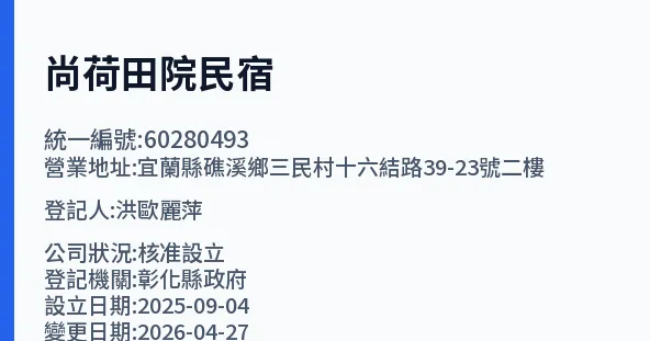 尚荷田院民宿的照片-統編 60280493(宜蘭縣) 公司登記資料與營業項目詳細圖表