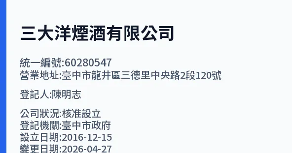 三大洋煙酒有限公司的照片-統編 60280547(臺中市) 公司登記資料與營業項目詳細圖表