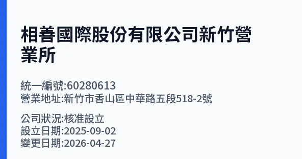相善國際股份有限公司新竹營業所的照片-統編 60280613(新竹市) 公司登記資料與營業項目詳細圖表