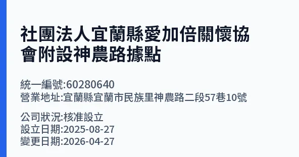 社團法人宜蘭縣愛加倍關懷協會附設神農路據點的照片-統編 60280640(宜蘭縣) 公司登記資料與營業項目詳細圖表