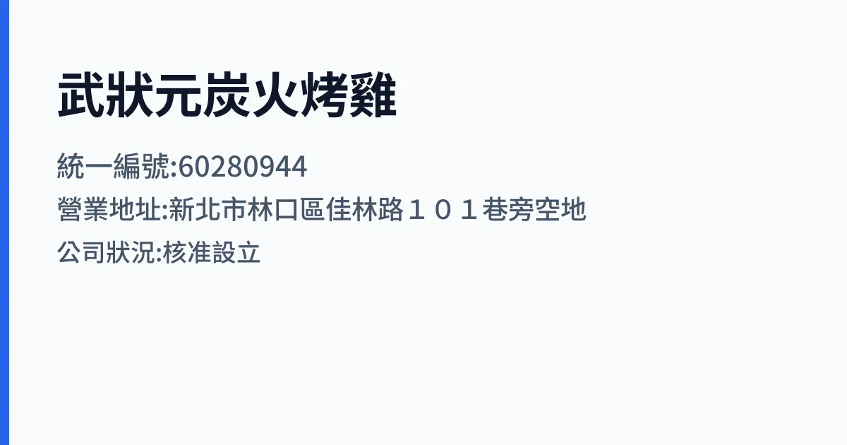 武狀元炭火烤雞 - 統編 60280944(新北市) 公司登記資料與營業項目詳細圖表