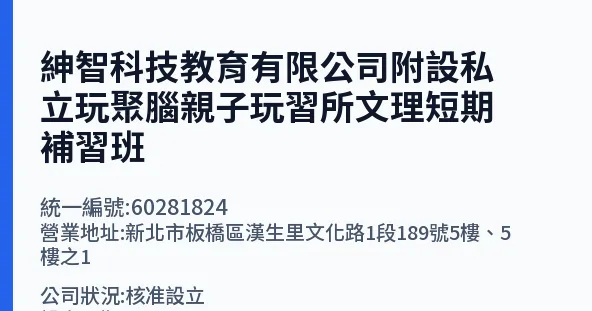 紳智科技教育有限公司附設私立玩聚腦親子玩習所文理短期補習班的照片-統編 60281824(新北市) 公司登記資料與營業項目詳細圖表