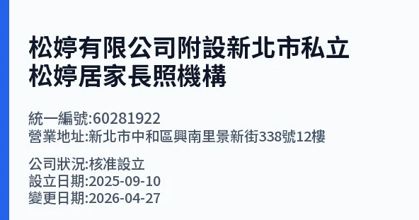 松婷有限公司附設新北市私立松婷居家長照機構的照片-統編 60281922(新北市) 公司登記資料與營業項目詳細圖表
