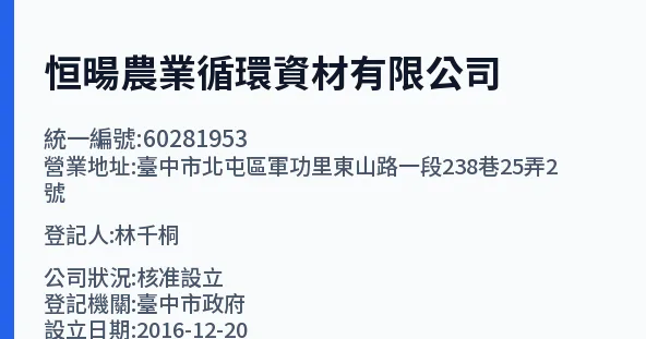 恒暘農業循環資材有限公司的照片-統編 60281953(臺中市) 公司登記資料與營業項目詳細圖表