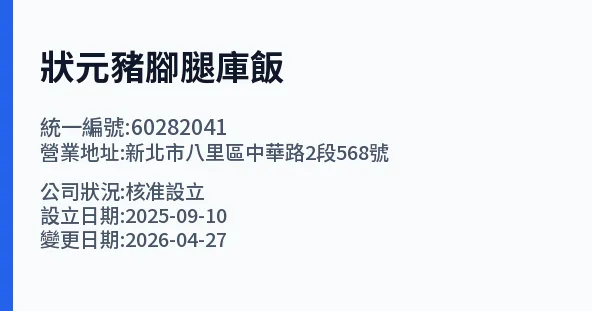 狀元豬腳腿庫飯的照片-統編 60282041(新北市) 公司登記資料與營業項目詳細圖表