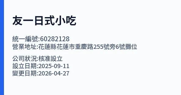 友一日式小吃的照片-統編 60282128(花蓮縣) 公司登記資料與營業項目詳細圖表