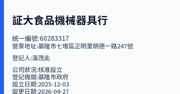 証大食品機械器具行的照片-統編 60283317(基隆市) 公司登記資料與營業項目詳細圖表