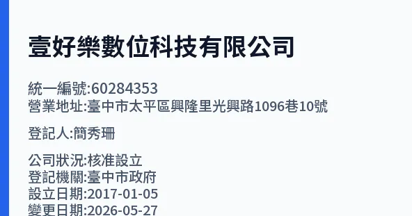 壹好樂數位科技有限公司的照片-統編 60284353(臺中市) 公司登記資料與營業項目詳細圖表