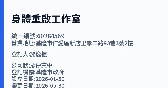 身體重啟工作室的照片-統編 60284569(基隆市) 公司登記資料與營業項目詳細圖表