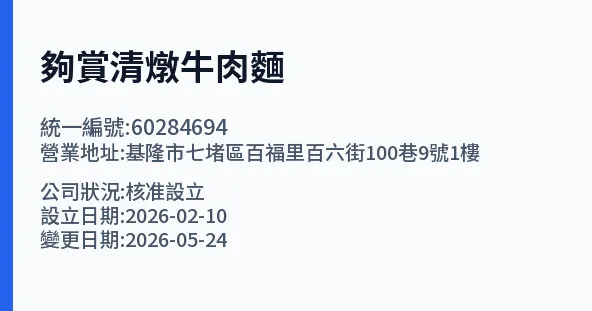 夠賞清燉牛肉麵的照片-統編 60284694 公司登記資料與營業項目詳細圖表