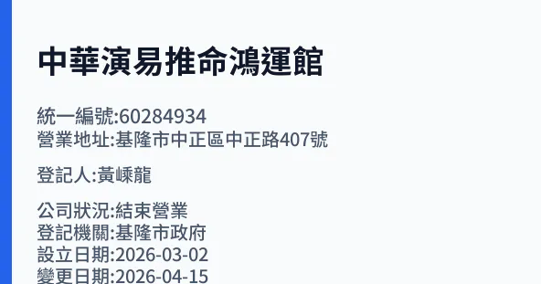 中華演易推命鴻運館的照片-統編 60284934(基隆市) 公司登記資料與營業項目詳細圖表