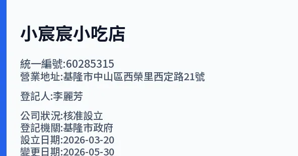 小宸宸小吃店的照片-統編 60285315(基隆市) 公司登記資料與營業項目詳細圖表
