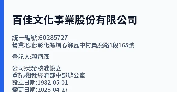 百佳文化事業股份有限公司的照片-統編 60285727(彰化縣) 公司登記資料與營業項目詳細圖表