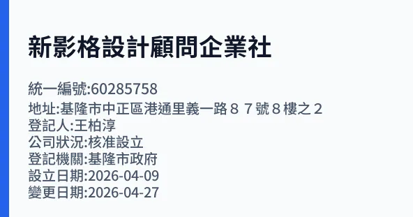 新影格設計顧問企業社的照片-統編 60285758(基隆市) 公司登記資料與營業項目詳細圖表