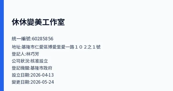 休休變美工作室的照片-統編 60285856(基隆市) 公司登記資料與營業項目詳細圖表