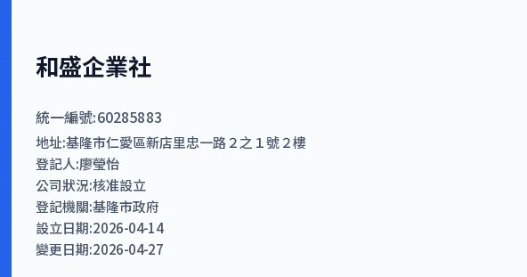 和盛企業社的照片-統編 60285883(基隆市) 公司登記資料與營業項目詳細圖表
