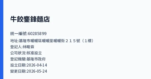 牛餃鏖鋒麵店的照片-統編 60285899(基隆市) 公司登記資料與營業項目詳細圖表