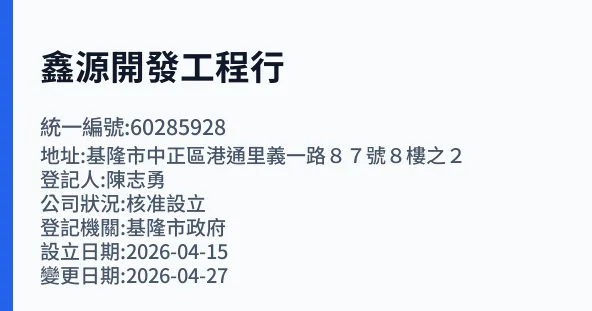 鑫源開發工程行的照片-統編 60285928(基隆市) 公司登記資料與營業項目詳細圖表