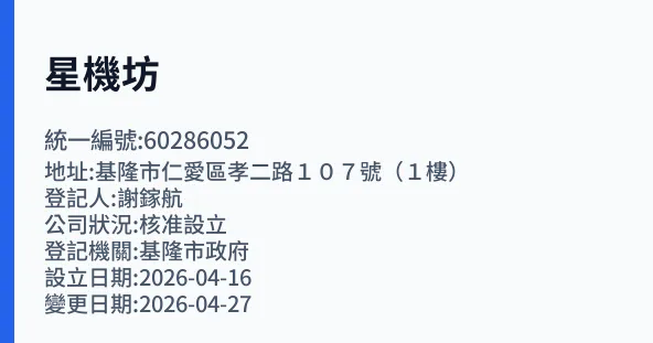 星機坊的照片-統編 60286052(基隆市) 公司登記資料與營業項目詳細圖表