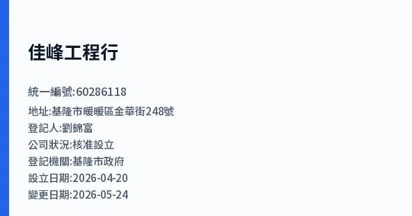 佳峰工程行的照片-統編 60286118(基隆市) 公司登記資料與營業項目詳細圖表