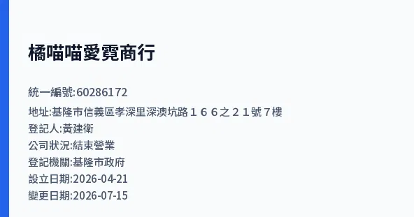 橘喵喵愛霓商行的照片-統編 60286172 公司登記資料與營業項目詳細圖表