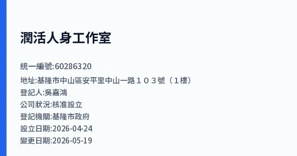 潤活人身工作室的照片-統編 60286320(基隆市) 公司登記資料與營業項目詳細圖表