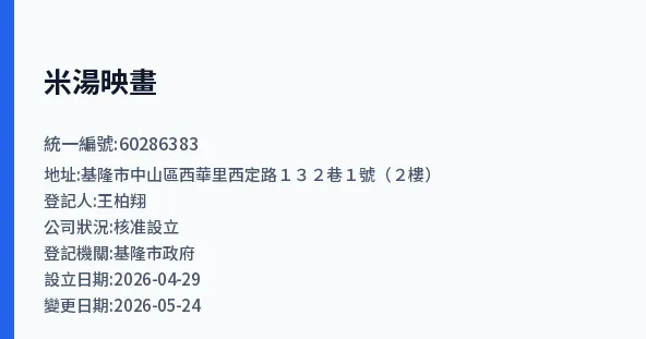 米湯映畫的照片-統編 60286383(基隆市) 公司登記資料與營業項目詳細圖表