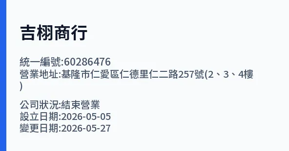 吉栩商行的照片-統編 60286476(基隆市) 公司登記資料與營業項目詳細圖表