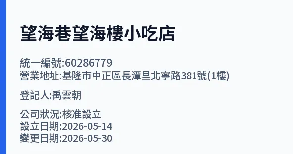 望海巷望海樓小吃店的照片-統編 60286779(基隆市) 公司登記資料與營業項目詳細圖表