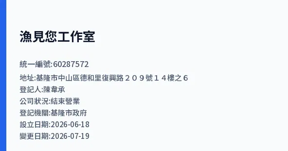 漁見您工作室的照片-統編 60287572(基隆市) 公司登記資料與營業項目詳細圖表