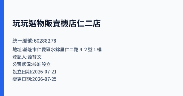 玩玩選物販賣機店仁二店的照片-統編 60288278(基隆市) 公司登記資料與營業項目詳細圖表