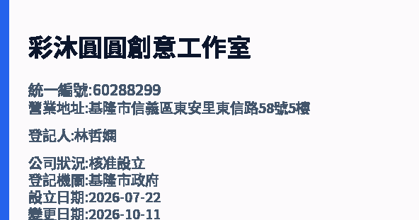 彩沐圓圓創意工作室的照片-統編 60288299(基隆市) 公司登記資料與營業項目詳細圖表