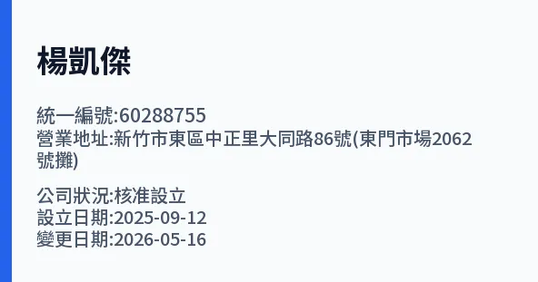 楊凱傑的照片-統編 60288755(新竹市) 公司登記資料與營業項目詳細圖表