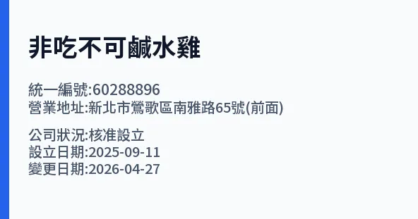 非吃不可鹹水雞的照片-統編 60288896(新北市) 公司登記資料與營業項目詳細圖表