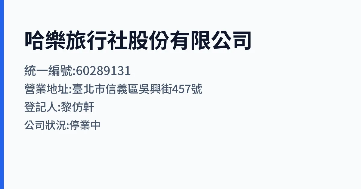 哈樂旅行社股份有限公司 - 統編 60289131(臺北市) 公司登記資料與營業項目詳細圖表