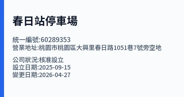 春日站停車場的照片-統編 60289353(桃園市) 公司登記資料與營業項目詳細圖表