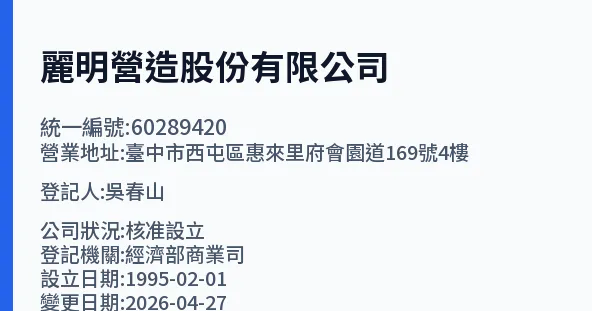 麗明營造股份有限公司的照片-統編 60289420(臺中市) 公司登記資料與營業項目詳細圖表
