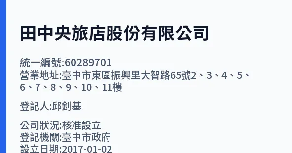 田中央旅店股份有限公司的照片-統編 60289701(臺中市) 公司登記資料與營業項目詳細圖表