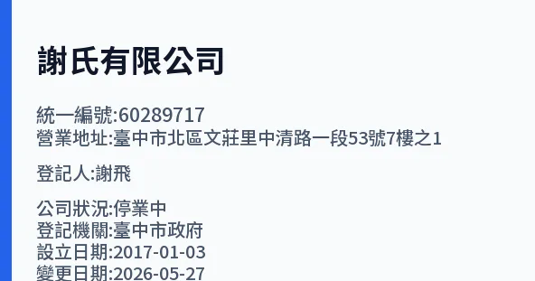 謝氏有限公司的照片-統編 60289717(臺中市) 公司登記資料與營業項目詳細圖表