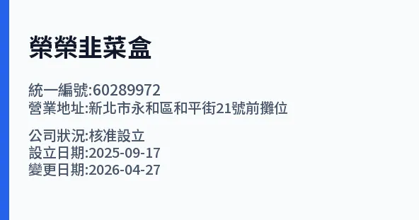 榮榮韭菜盒的照片-統編 60289972(新北市) 公司登記資料與營業項目詳細圖表