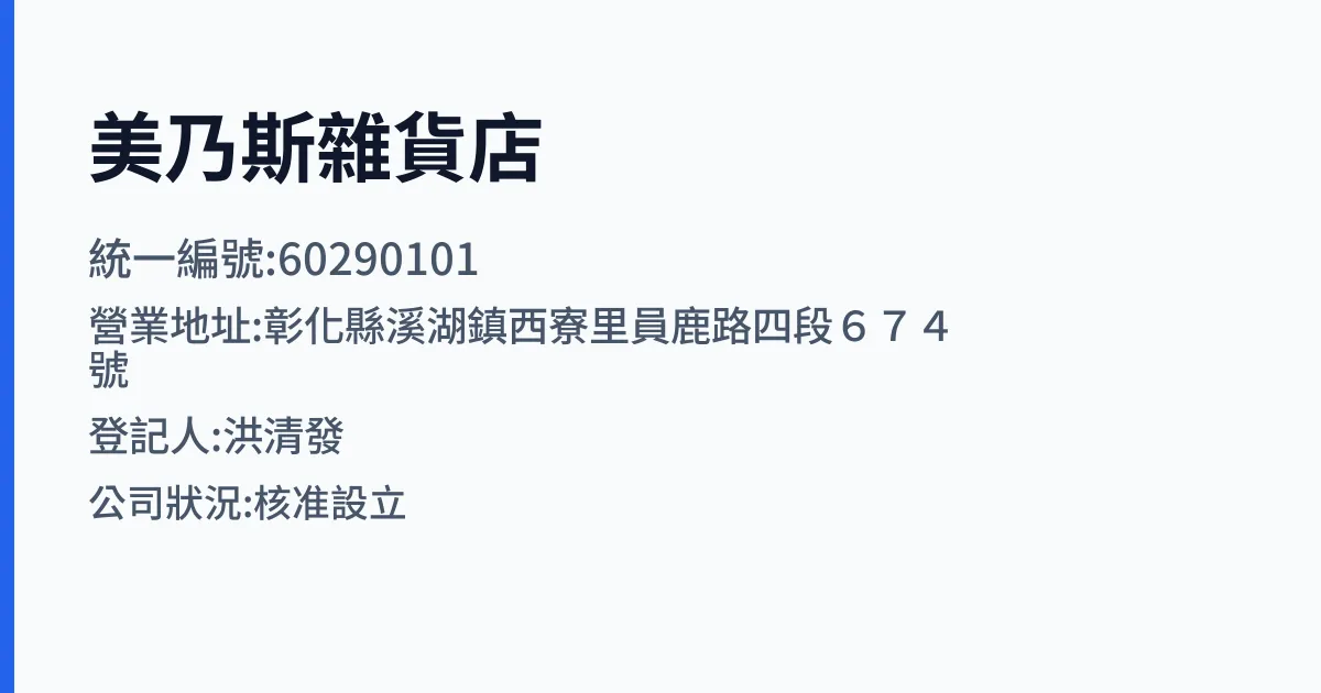 美乃斯雜貨店 - 統編 60290101(彰化縣) 公司登記資料與營業項目詳細圖表