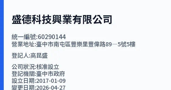 盛德科技興業有限公司的照片-統編 60290144(臺中市) 公司登記資料與營業項目詳細圖表